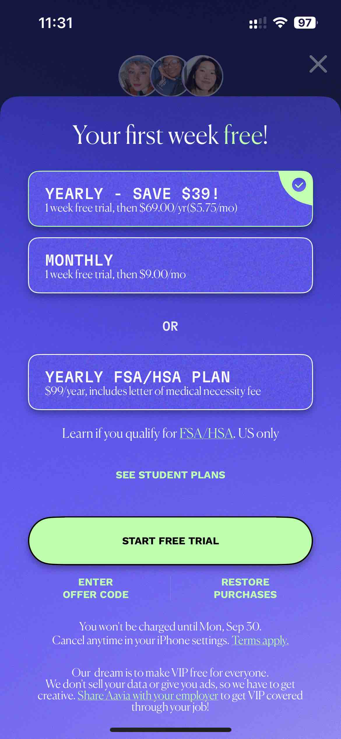 Aavia Period & Cycle Tracker | Paywall Screenshot ($7K/mo)