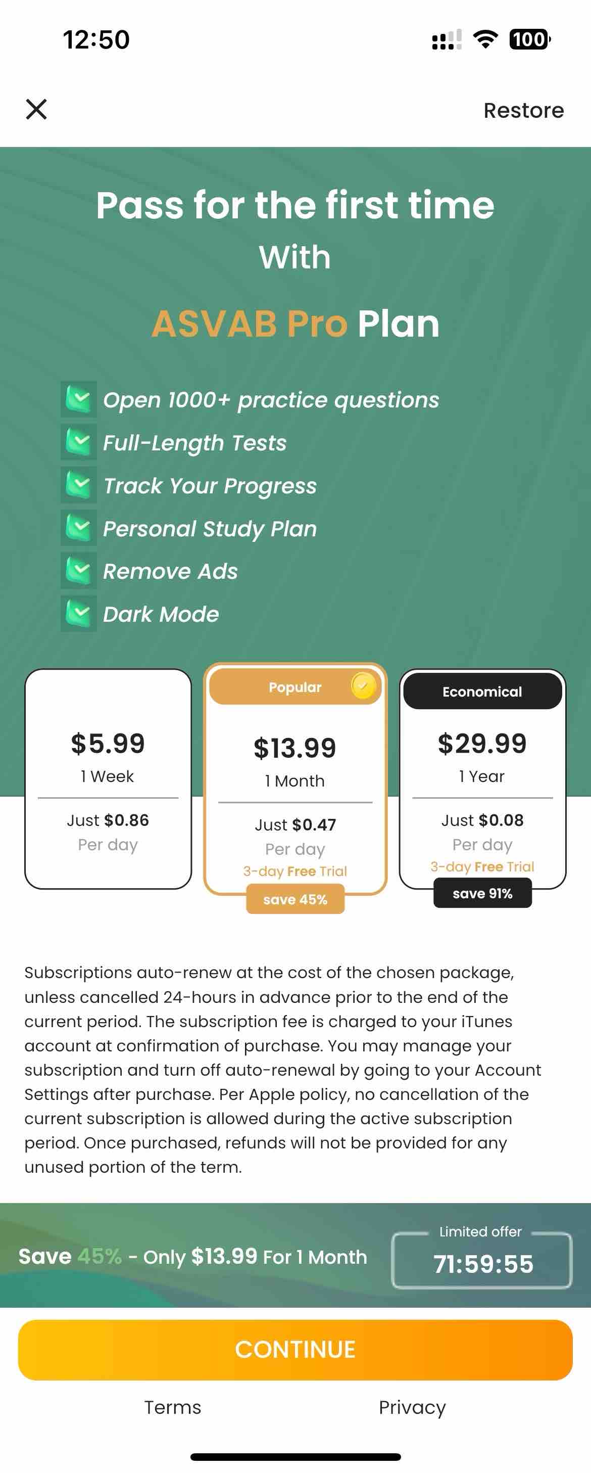 ASVAB Practice Test By ABC | Paywall Screenshot ($20K/mo)