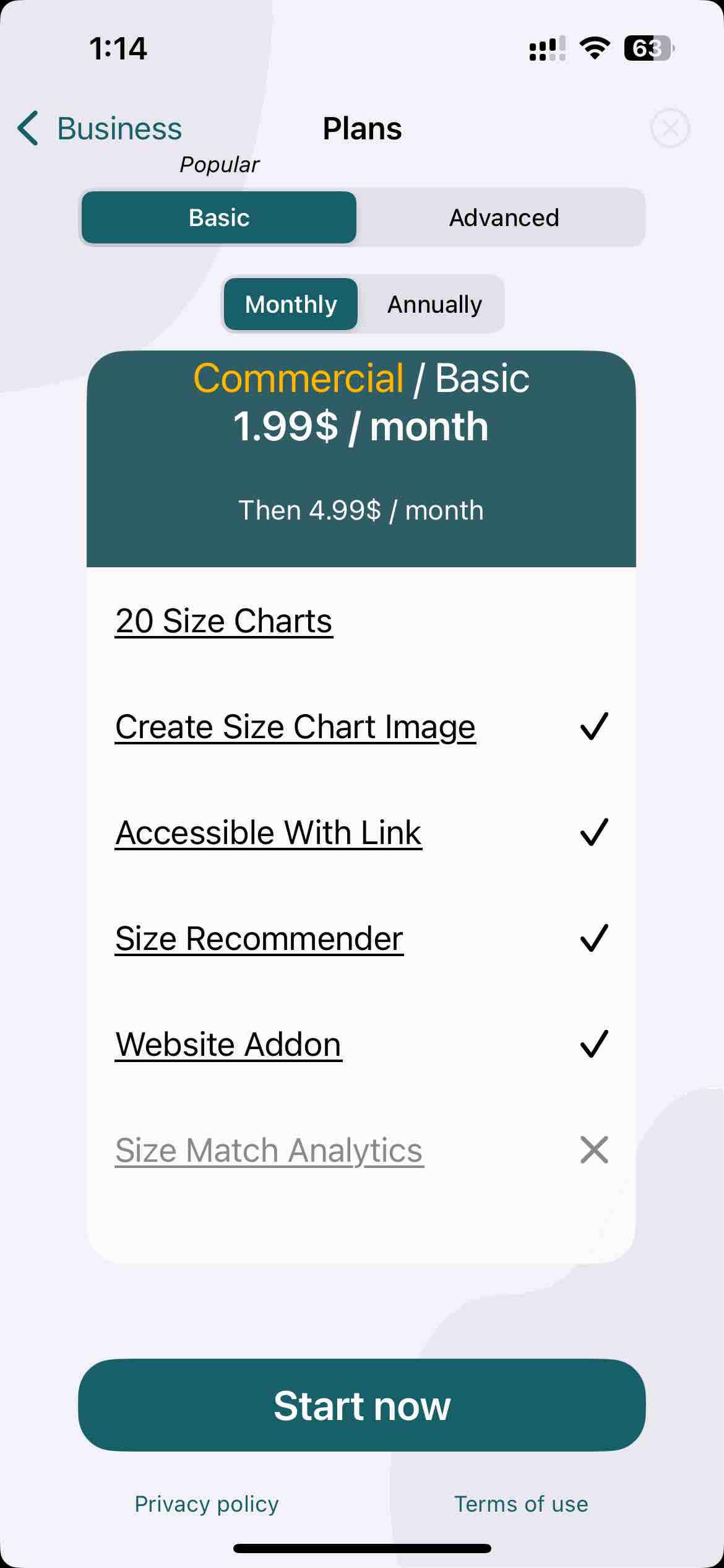 Size Chart Maker | Vestofy | Paywall Screenshot ($1K/mo)