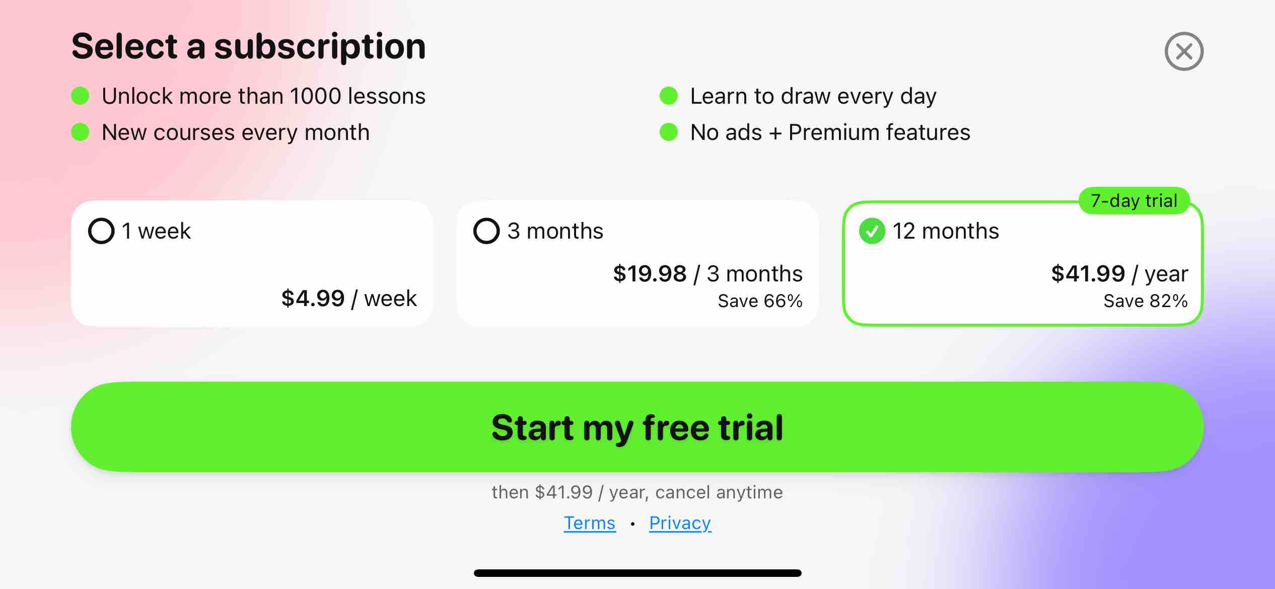 ArtWorkout: Learn How to Draw | Paywall Screenshot ($200K/mo)