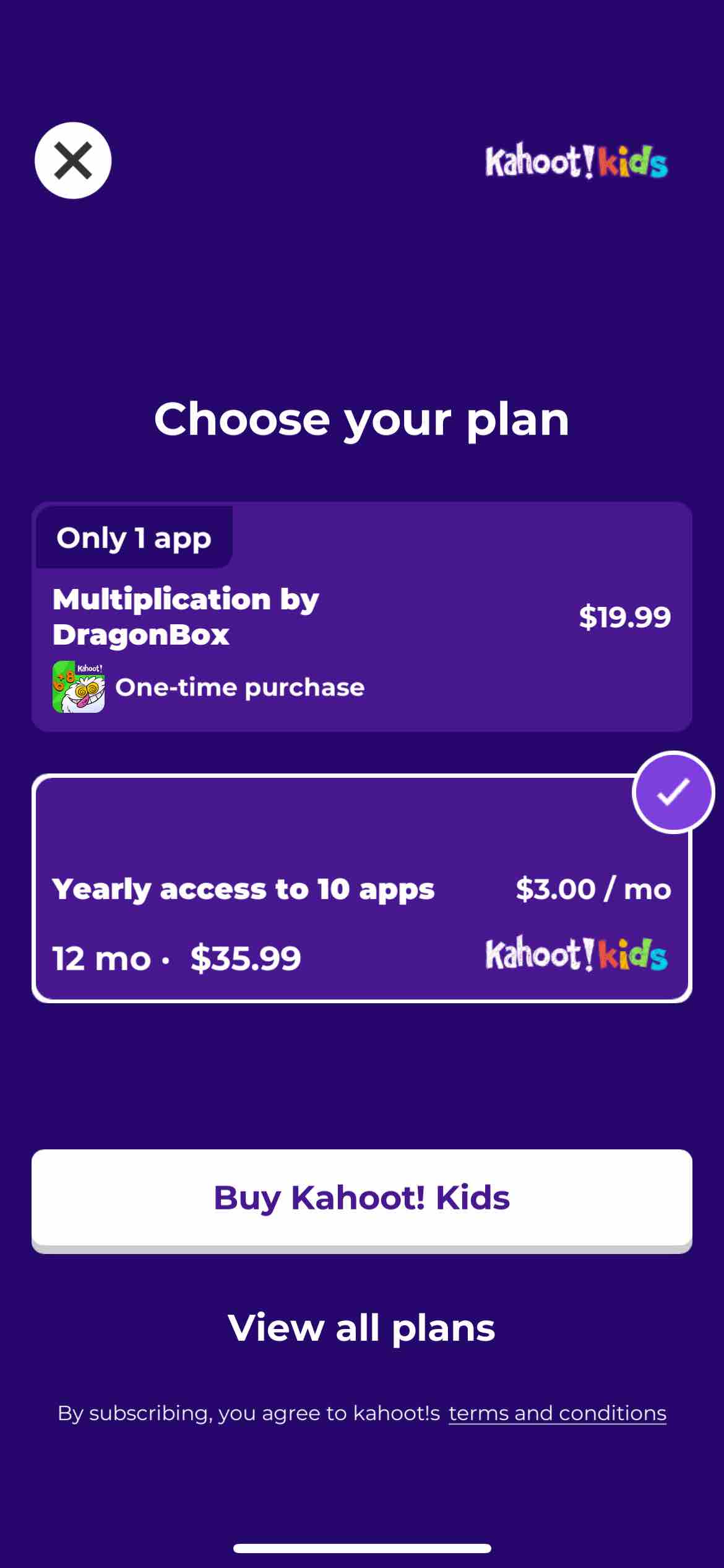 Kahoot! Multiplication Games | Paywall Screenshot ($1K/mo)