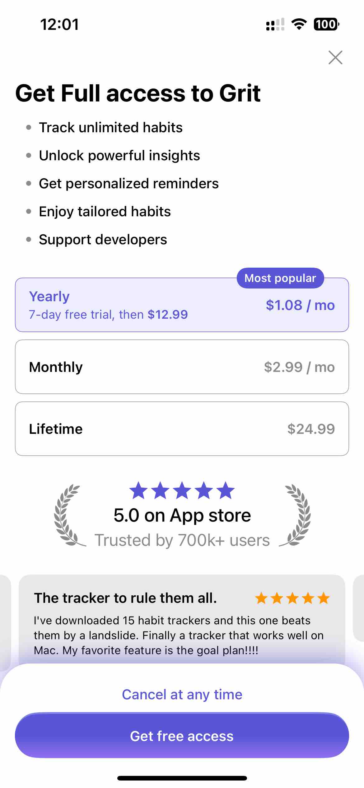 Grit: Daily Habit Tracker | Paywall Screenshot ($70K/mo)