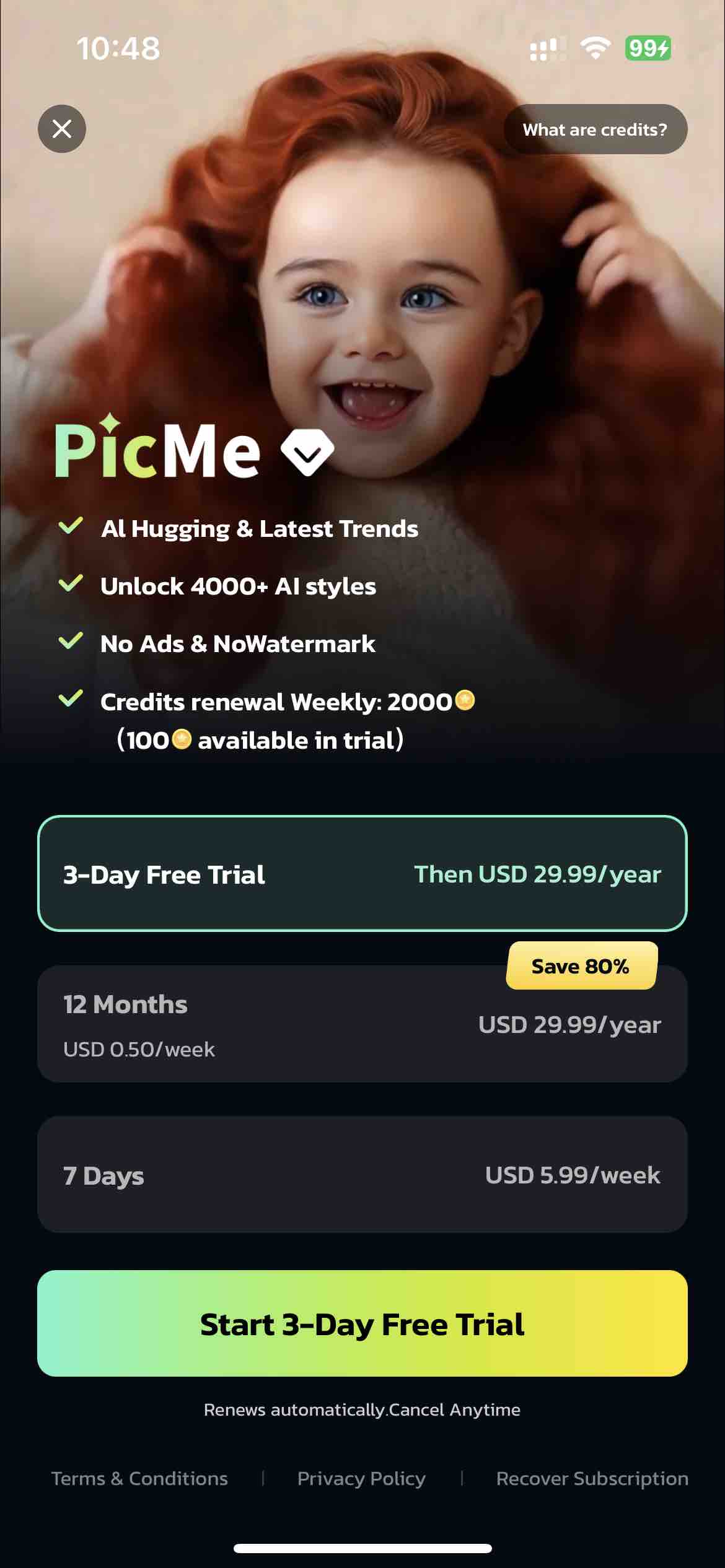 PicMe:AI Hugs Video & Portrait | Paywall Screenshot ($30K/mo)