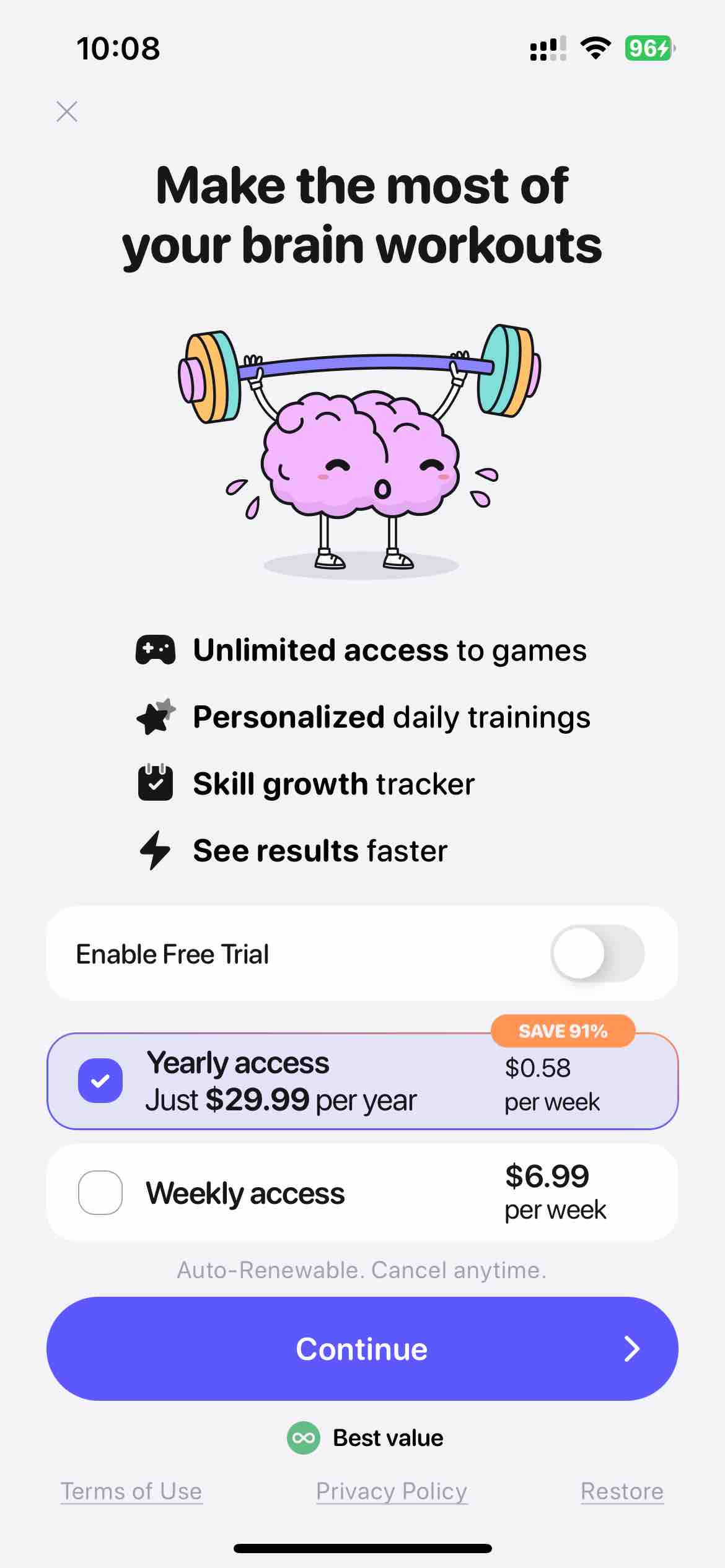 BrainGain - Brain Training | Paywall Screenshot ($40K/mo)