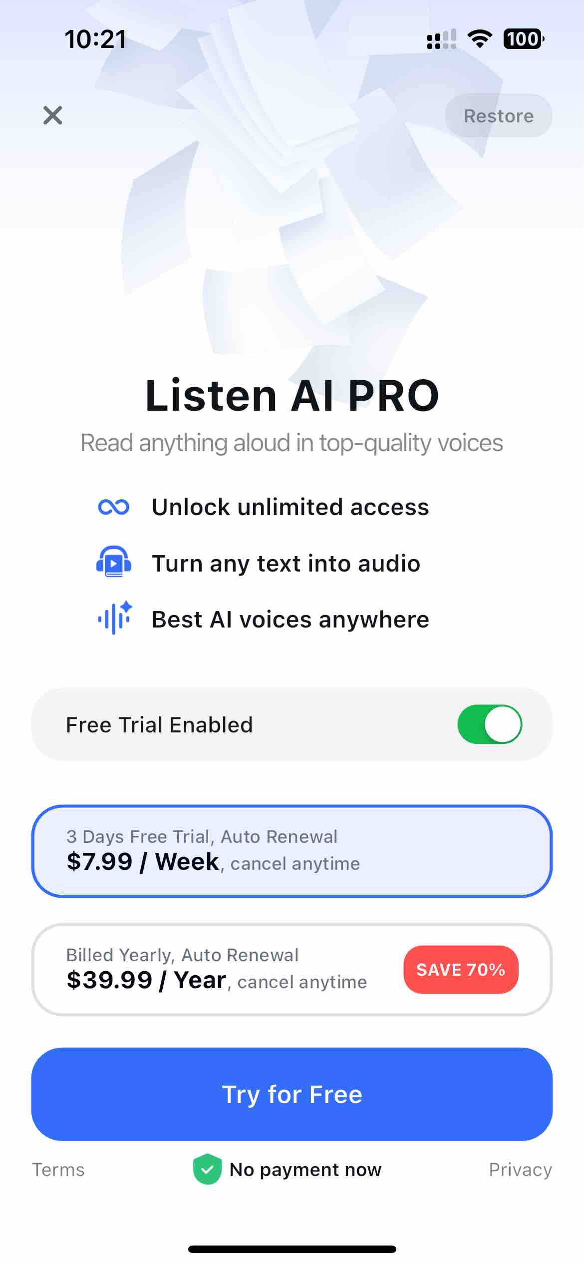 Text to Speech - Listen AI | Paywall Screenshot ($30K/mo)