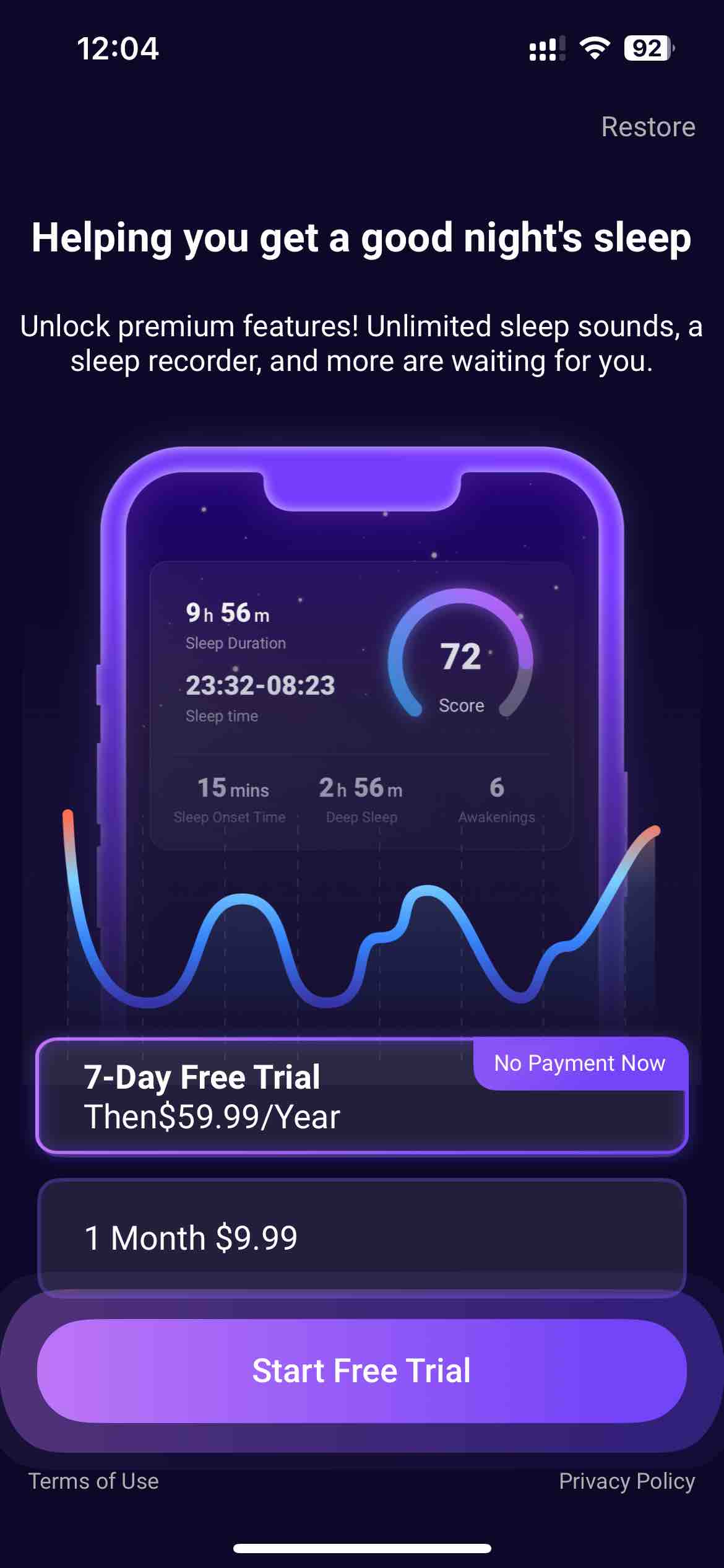 Sleep Well: Health Tracker | Paywall Screenshot ($100K/mo)