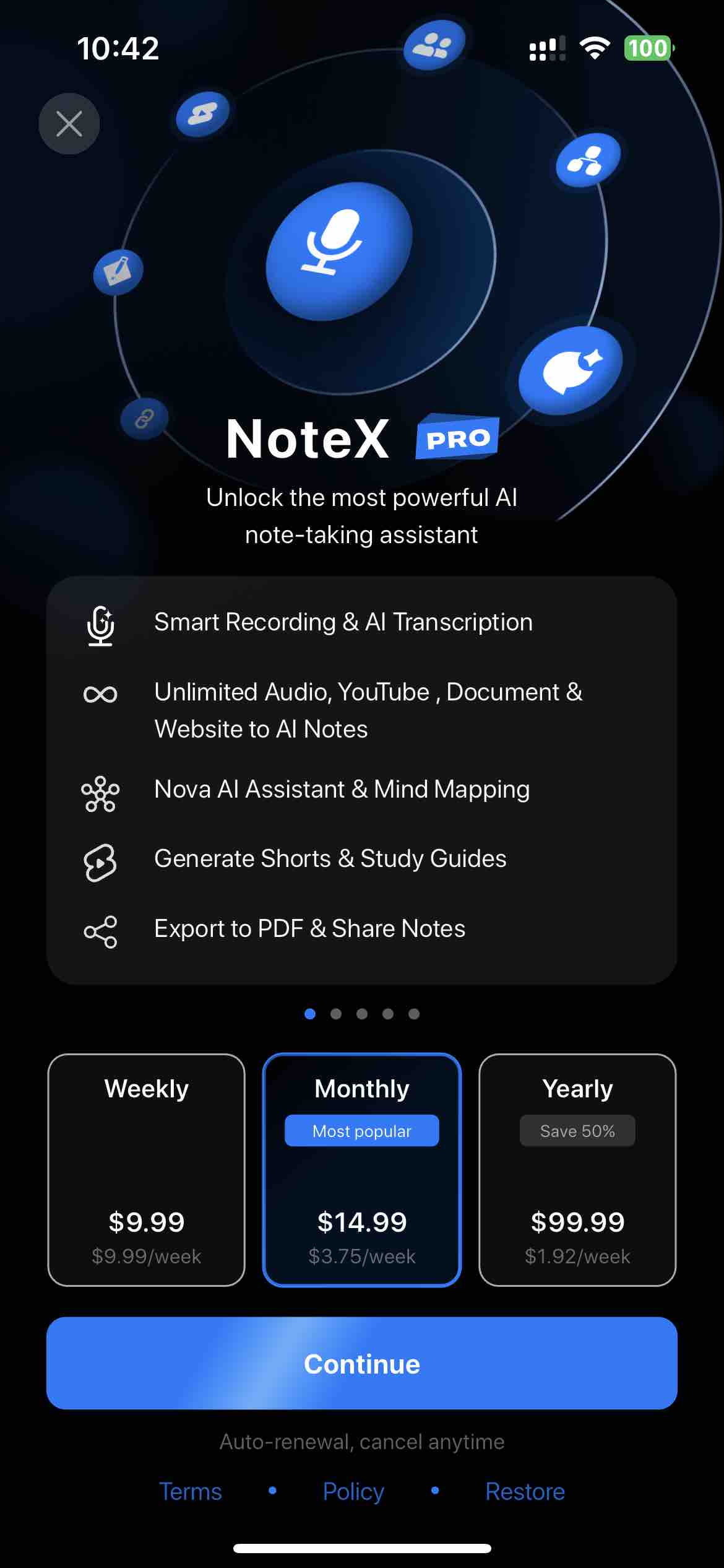 NoteX: AI Note Taker, Recorder | Paywall Screenshot ($7K/mo)