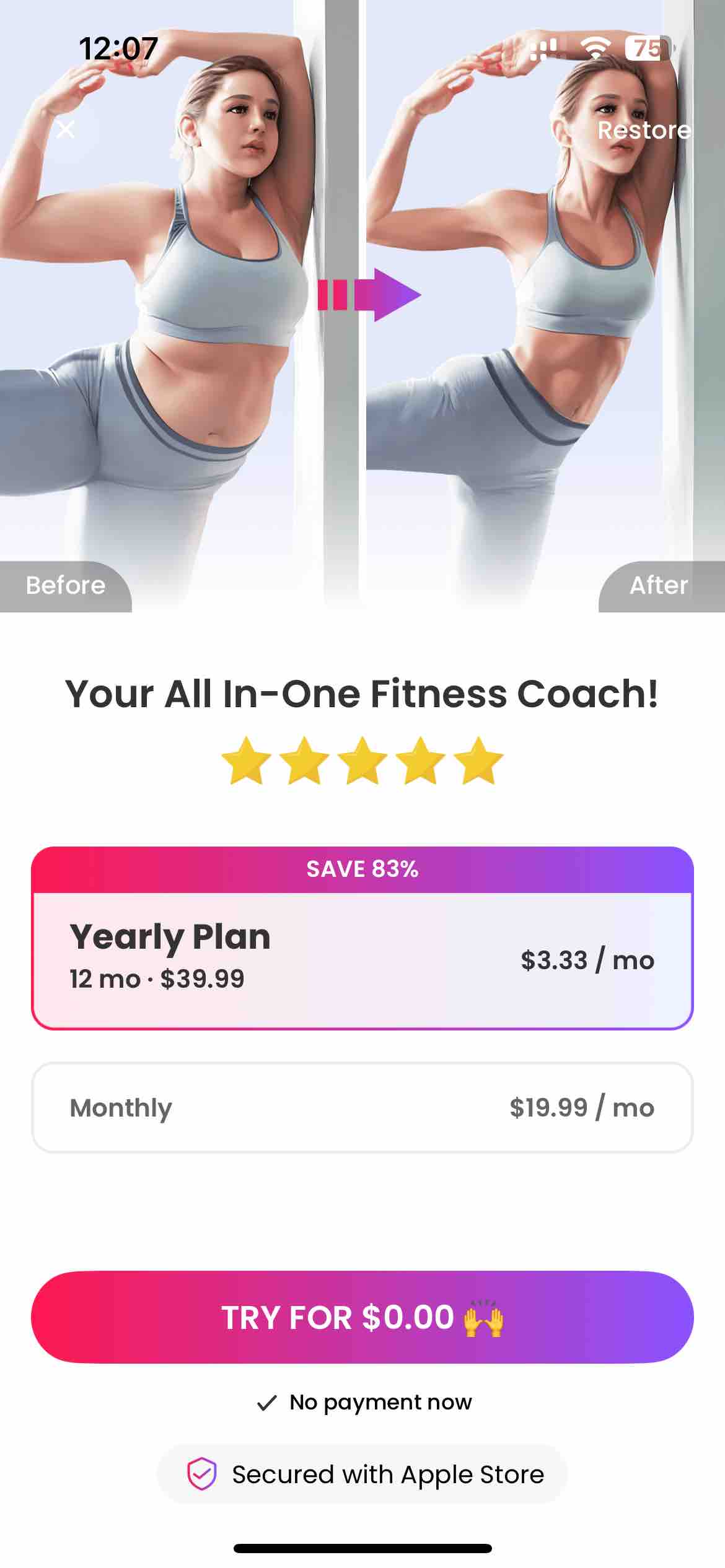 Workout for Women: Lazy Fit | Paywall Screenshot ($200K/mo)